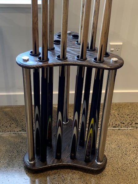 Wood and Chrome Cue Stand – On Cue